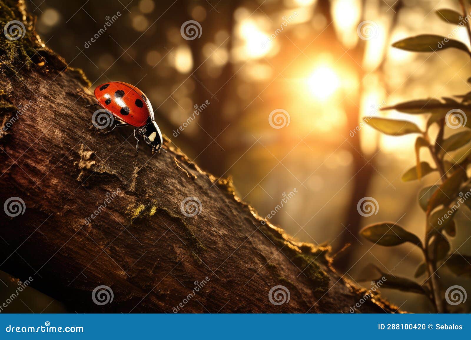 Ladybug on a Branch with Water Droplets at Sunset in the Forest Stock ...