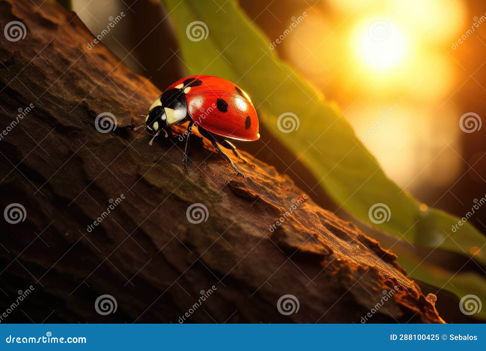 Ladybug on a Branch with Water Droplets at Sunset in the Forest Stock ...