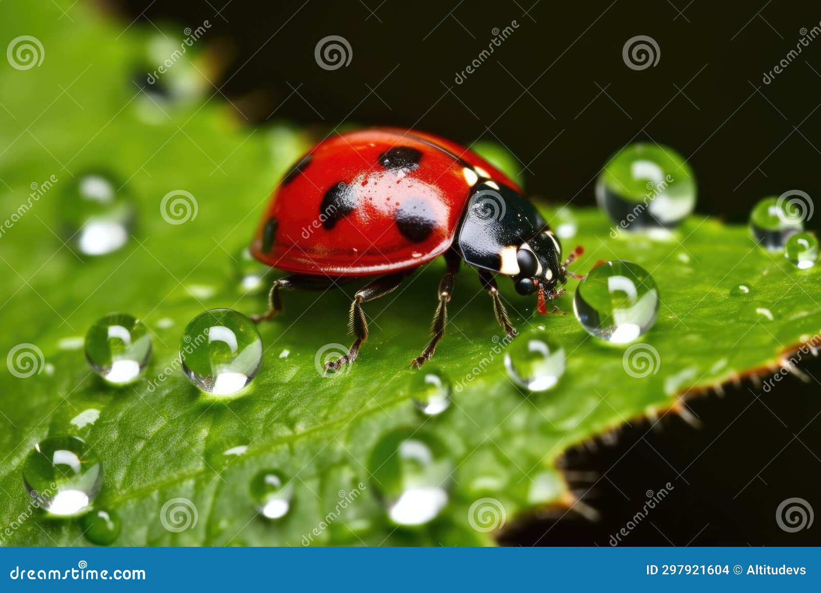 A Ladybug Crawling on a Dewy Leaf Stock Photo - Image of outdoors ...