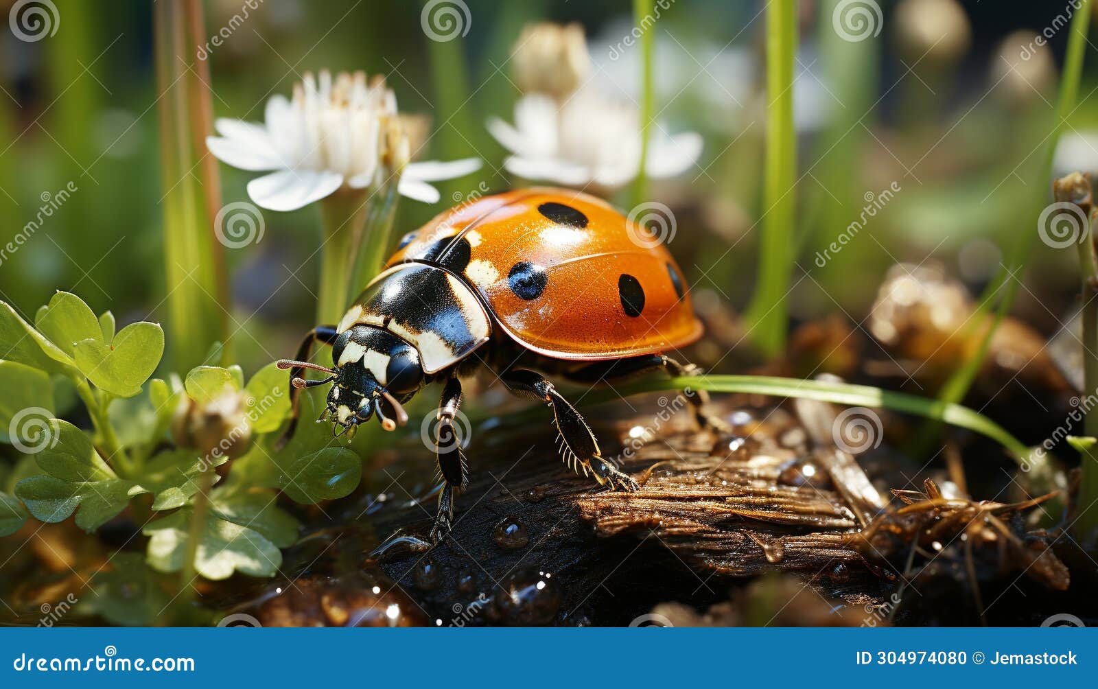 Ladybug Crawling on Green Leaf in the Meadow Generated by AI Stock ...