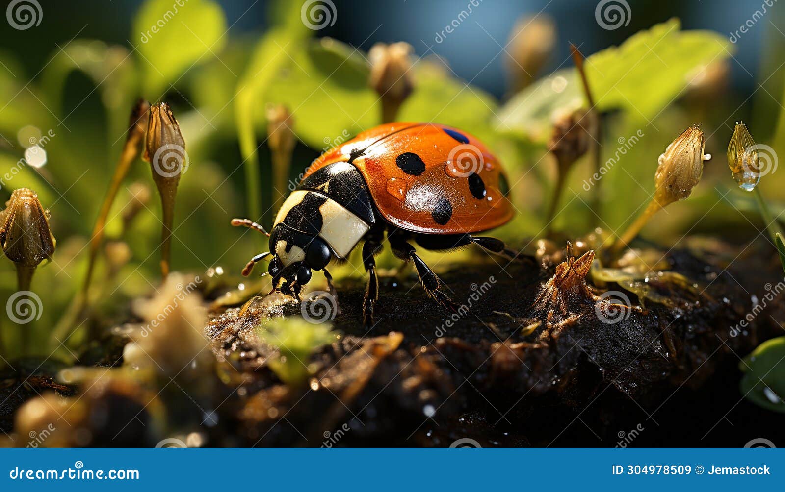 Ladybug Crawling on Green Leaf in the Meadow Generated by AI Stock ...