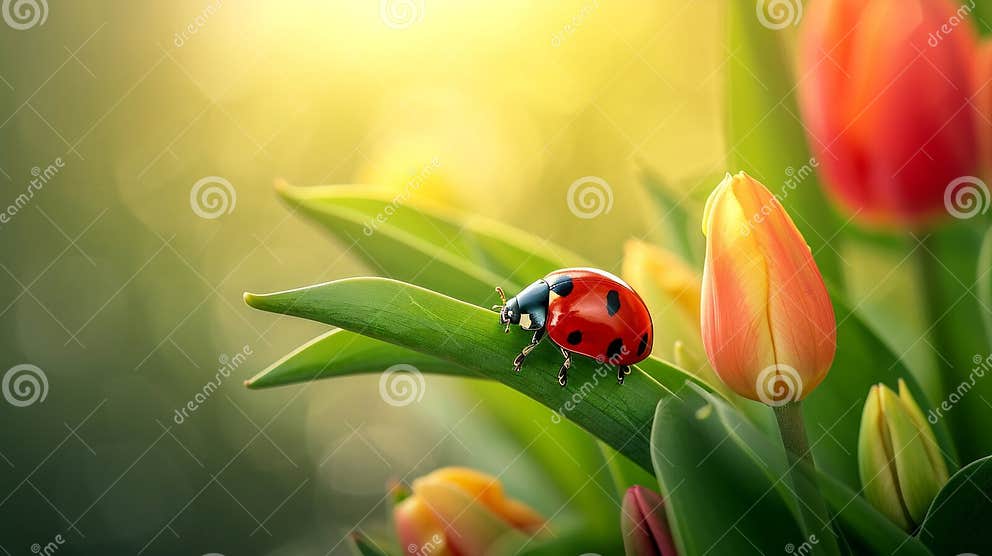 Ladybug Crawling on a Leaf of Tulips Stock Image - Image of leaf ...