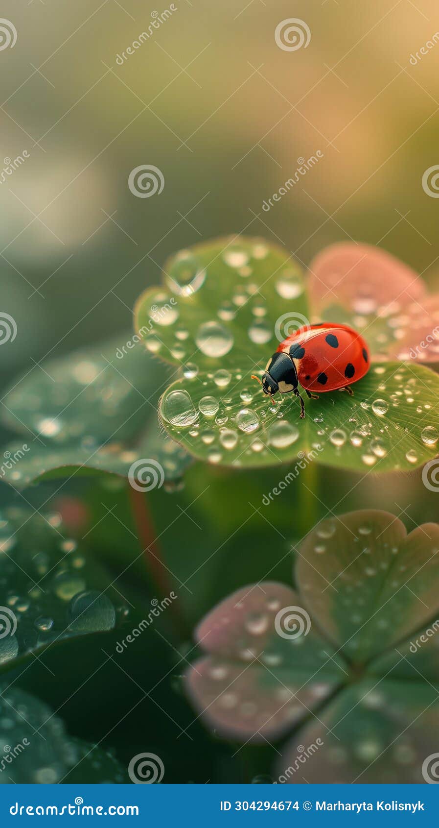 A Ladybug Crawls on a Four-leaf Clover, in Dew 2 Stock Illustration ...