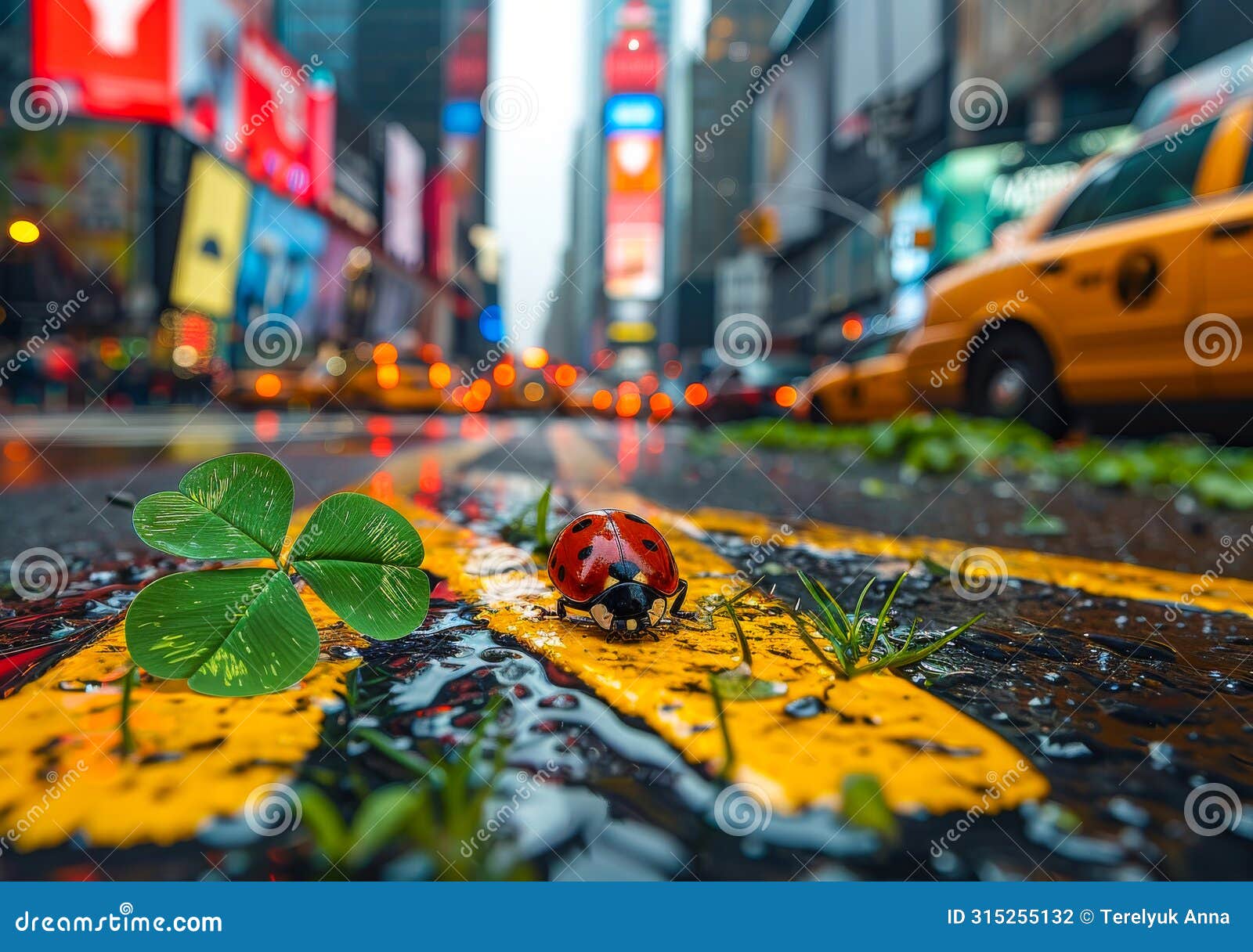 Ladybug Crosses the Road with Four Leaf Clover in the Background Stock ...