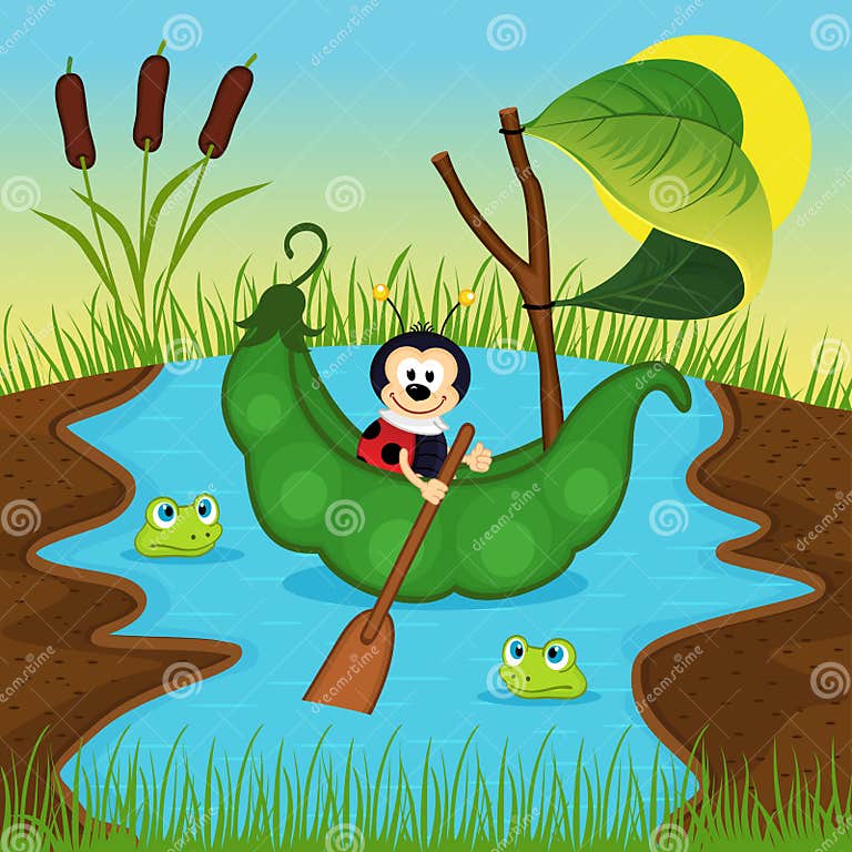 Ladybug Floats on Peas on River Stock Vector - Illustration of river ...