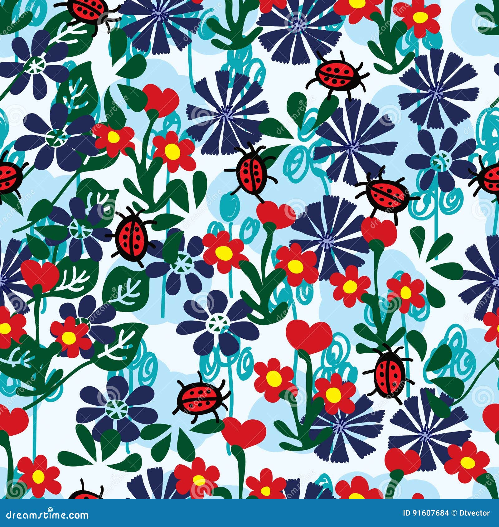 Ladybug Fly Flower Seamless Pattern Stock Vector - Illustration of ...