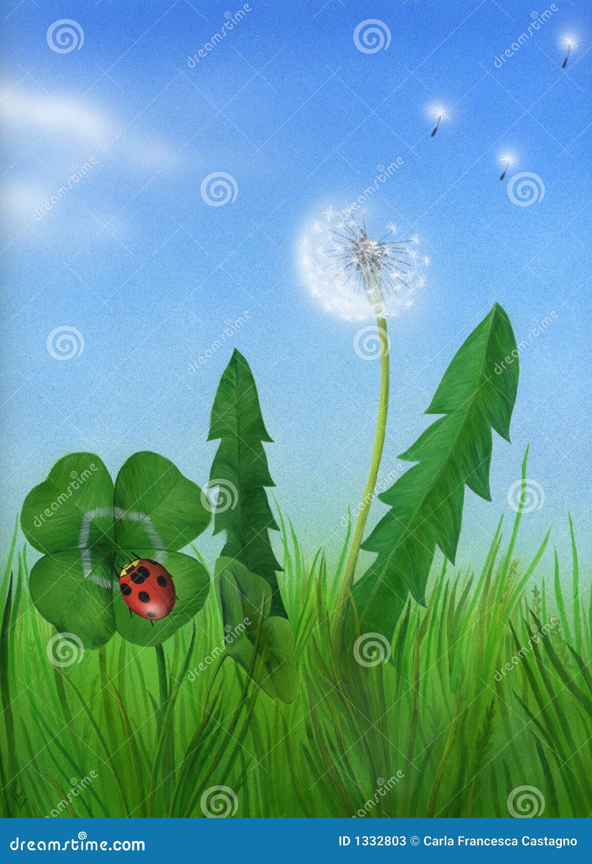 Lucky Spring with Ladybug and Four-leaved Clover Stock Illustration ...