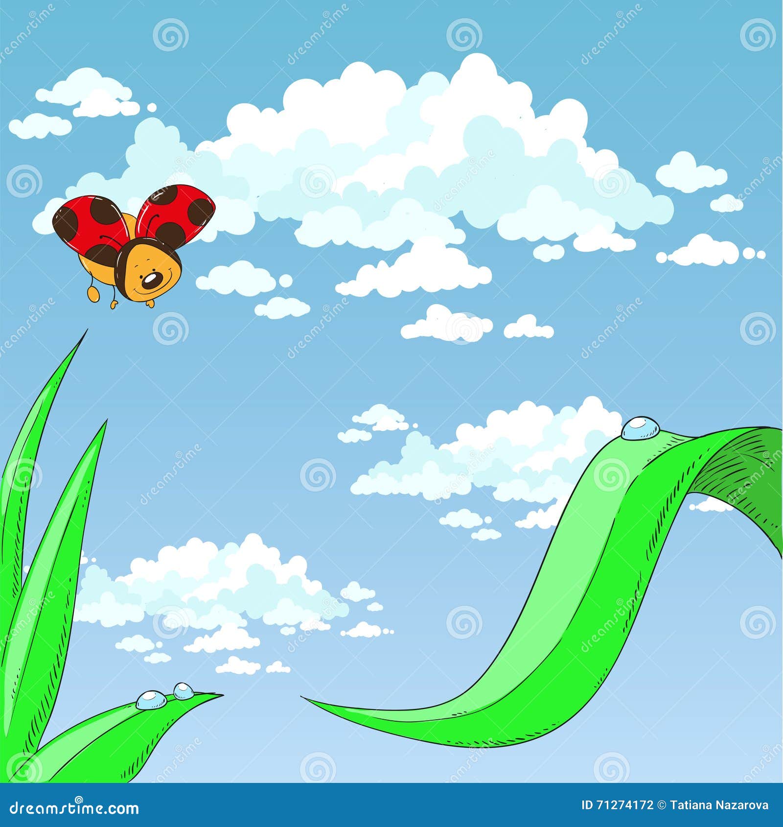 Ladybug and Grass. Cloudy Sky. Stock Illustration - Illustration of ...