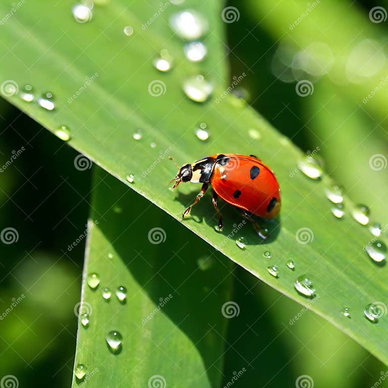 Ladybug on a Green Leaf after Rain Stock Image - Image of flower, grass ...