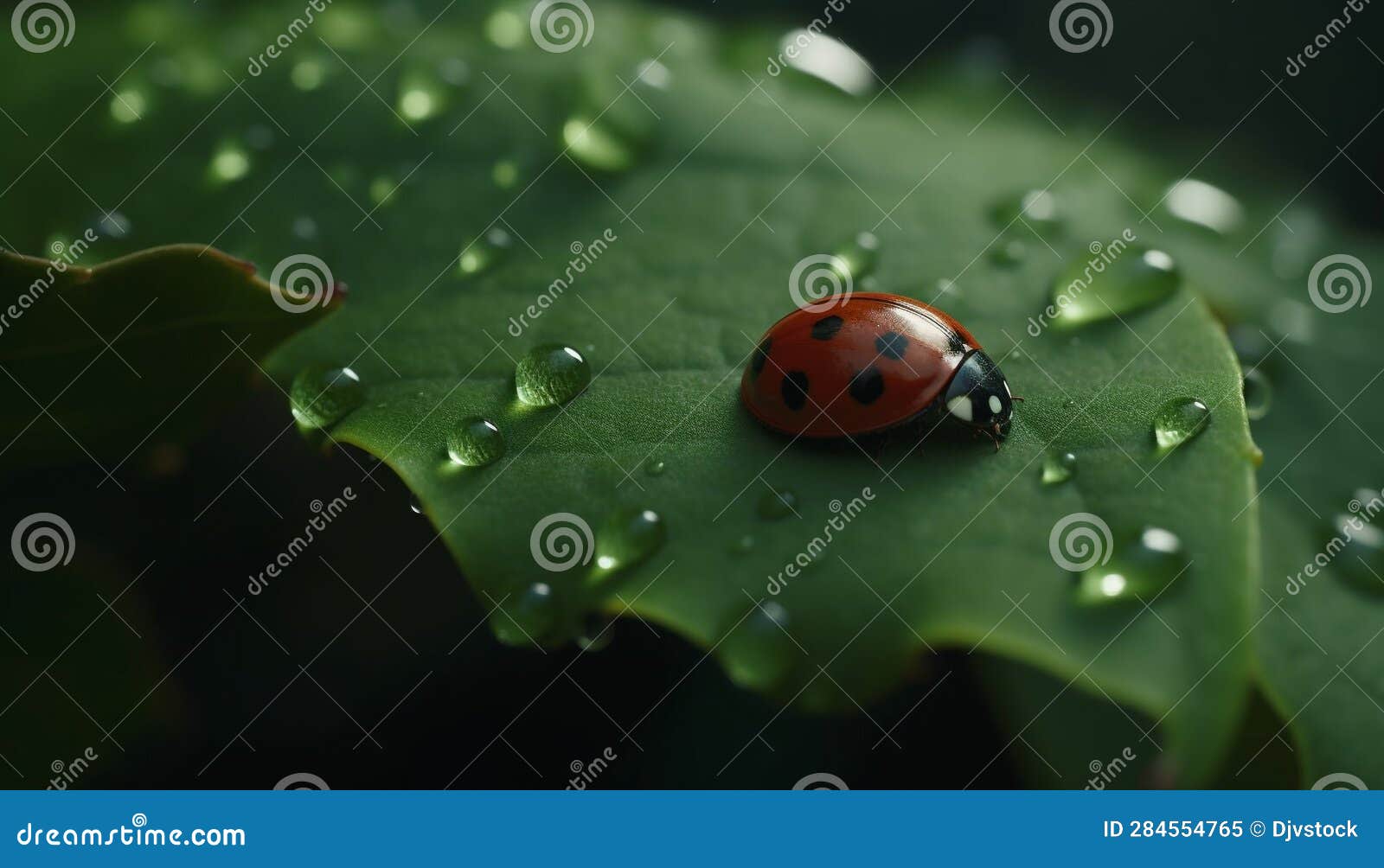 Ladybug on Green Leaf, Macro Dew Drop, Beauty in Nature Generated by AI ...