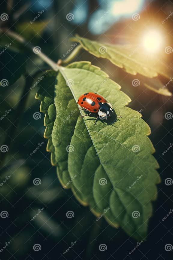 Ladybug on a Green Leaf in the Rays of the Sun Stock Illustration ...
