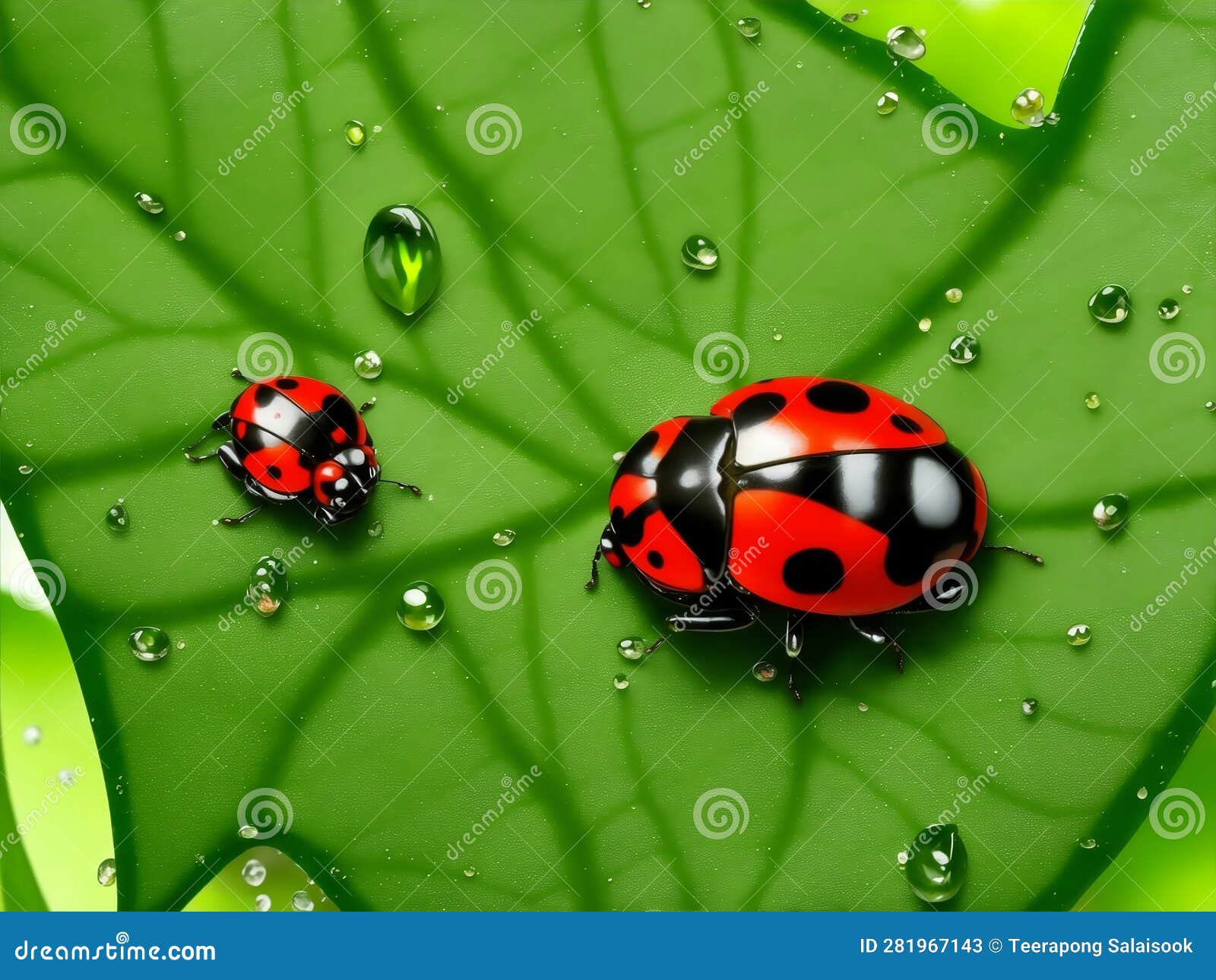 Ladybug on Green Leaf with Water Drops, Generative AI Illustration ...