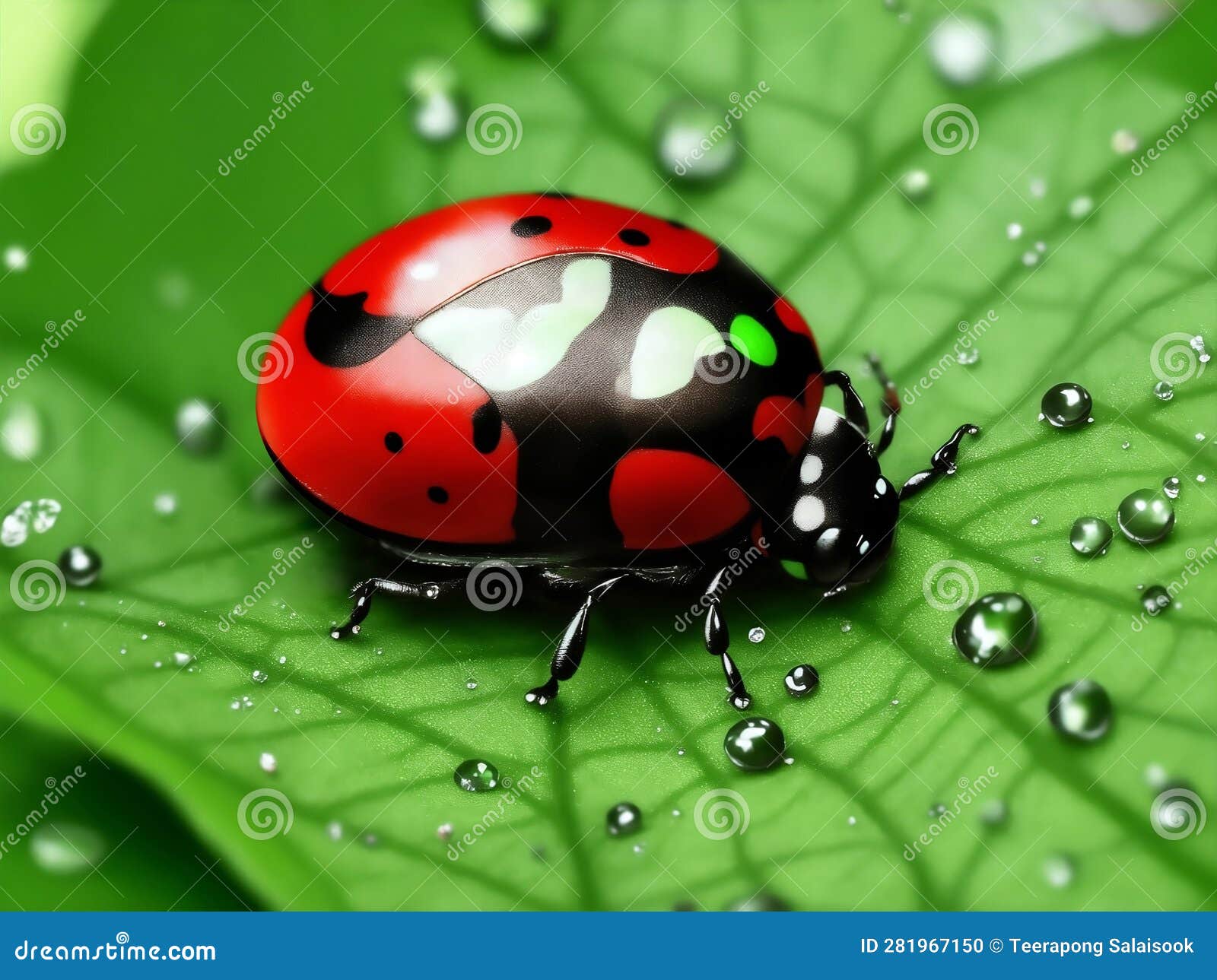 Ladybug on Green Leaf with Water Drops, Generative AI Illustration ...