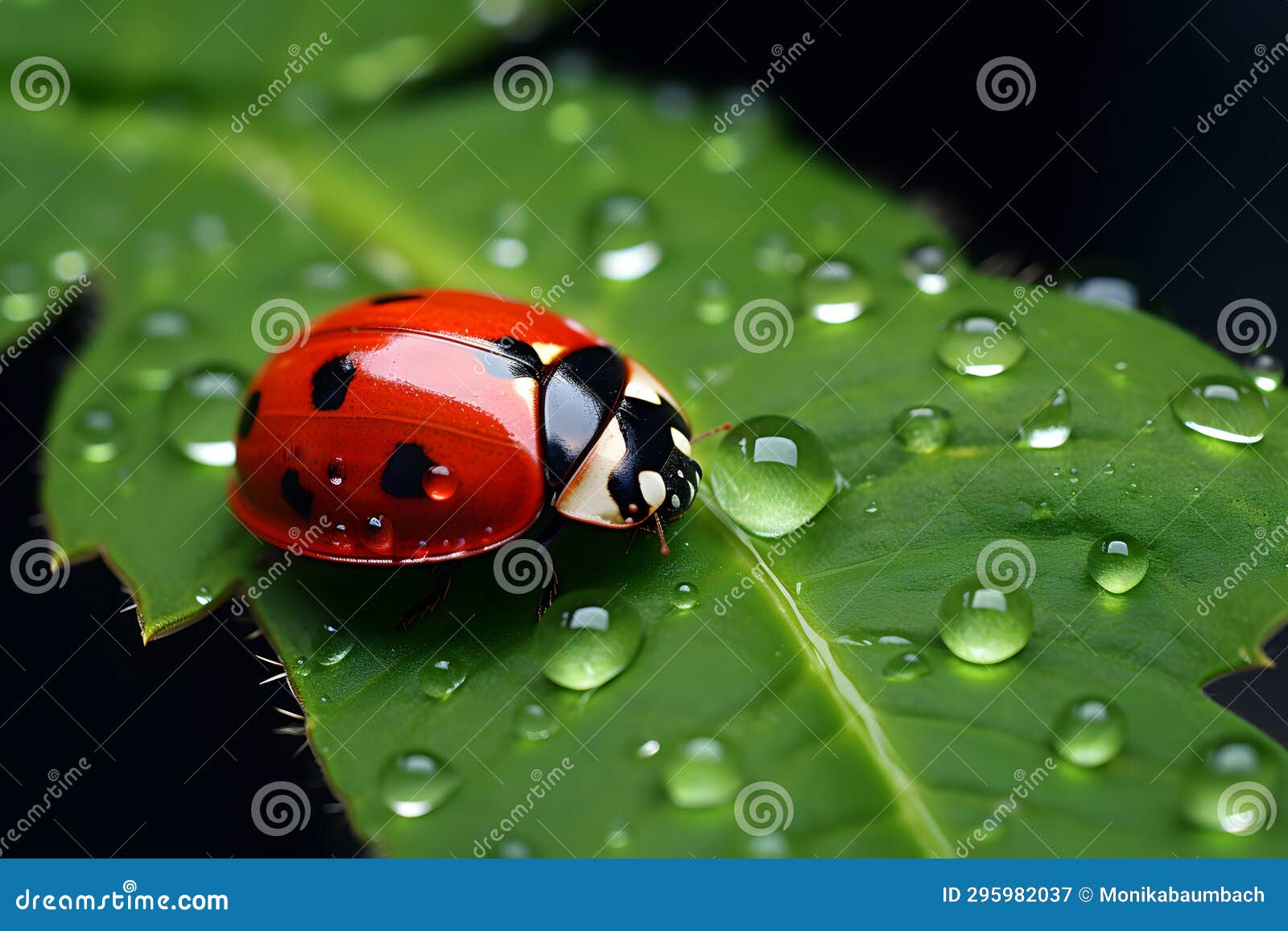 Ladybug Insect Crawling on Leaf Covered with Raindrops Stock ...