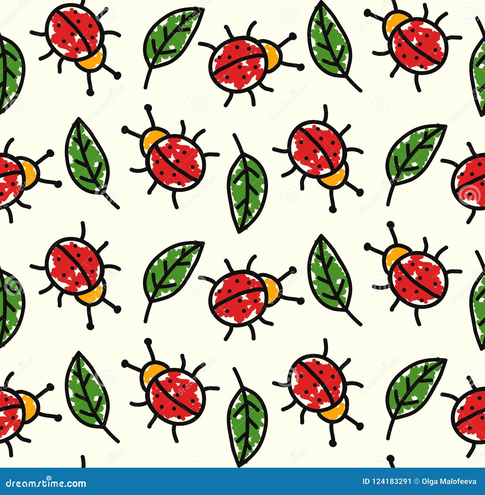 Ladybug and Leaf Doodle Childish Seamless Vector Pattern Stock Vector ...
