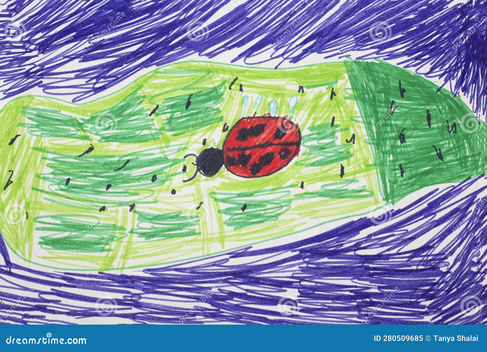 Ladybug on a Leaf. Real Drawing of a Small Child. Drawing by Felt-tip ...