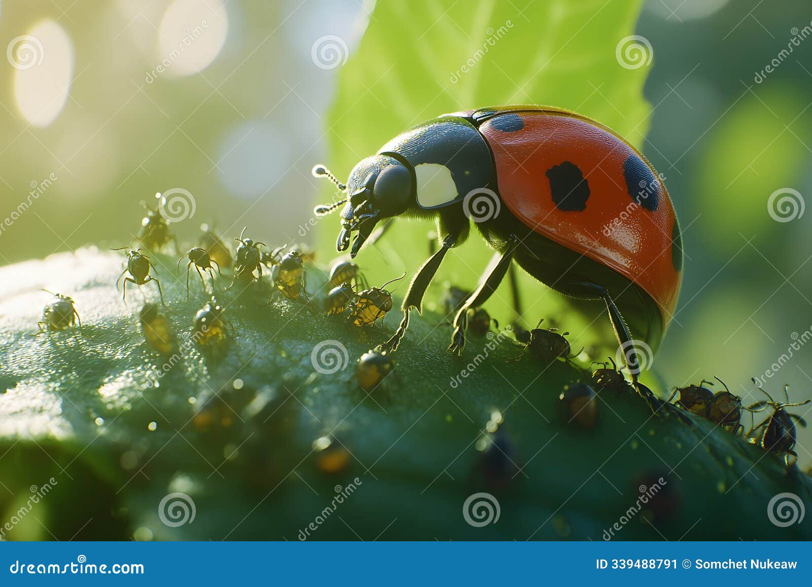 Ladybug on a Leaf, Surrounded by Aphids in Natural Sunlight Stock ...