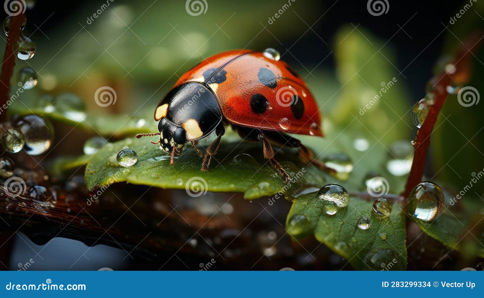 A Ladybug on a Leaf with Water Drops Close-up. Generative AI. Stock ...