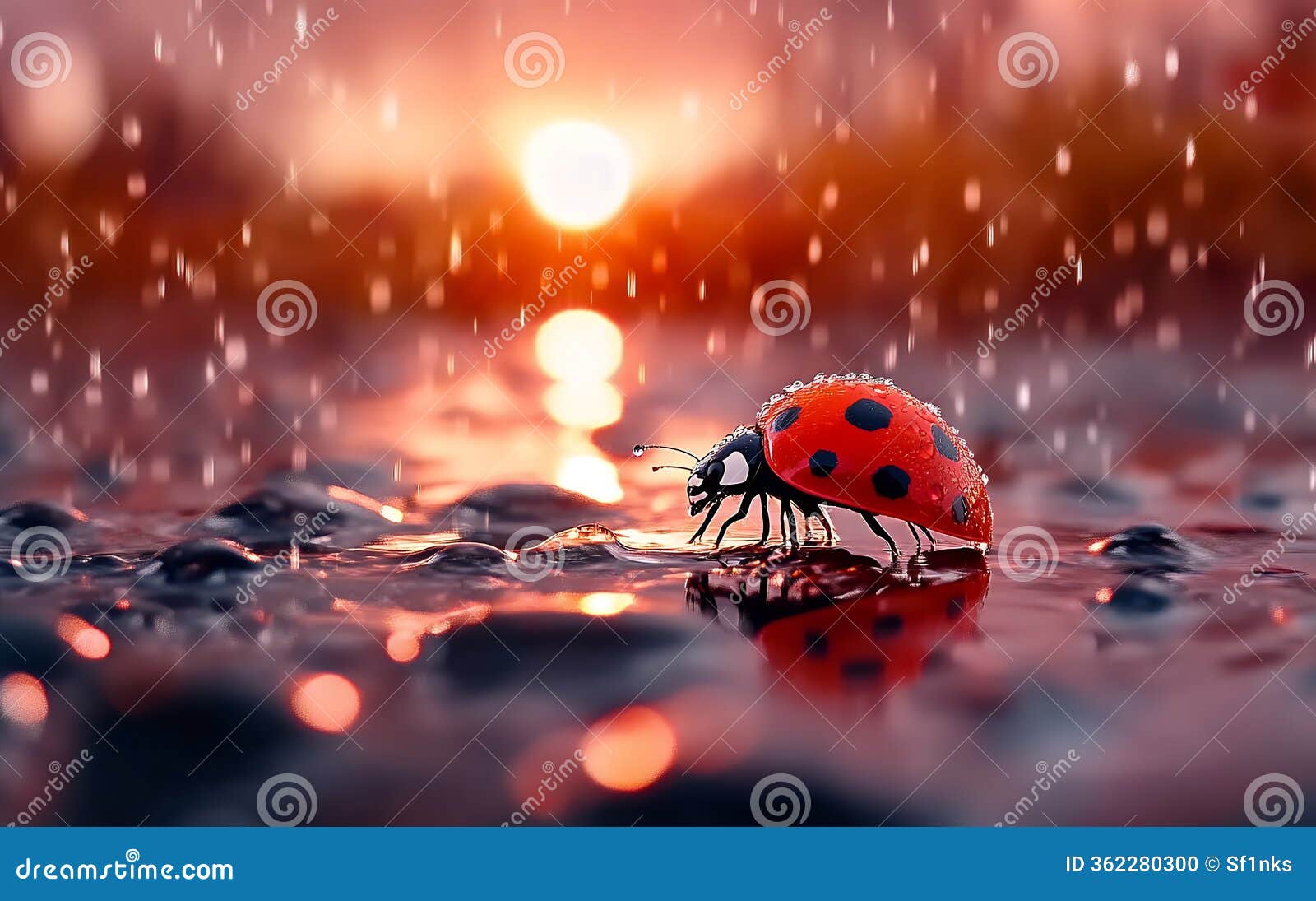 Ladybug in Rain at Sunset on Wet Stones Stock Photo - Image of water ...