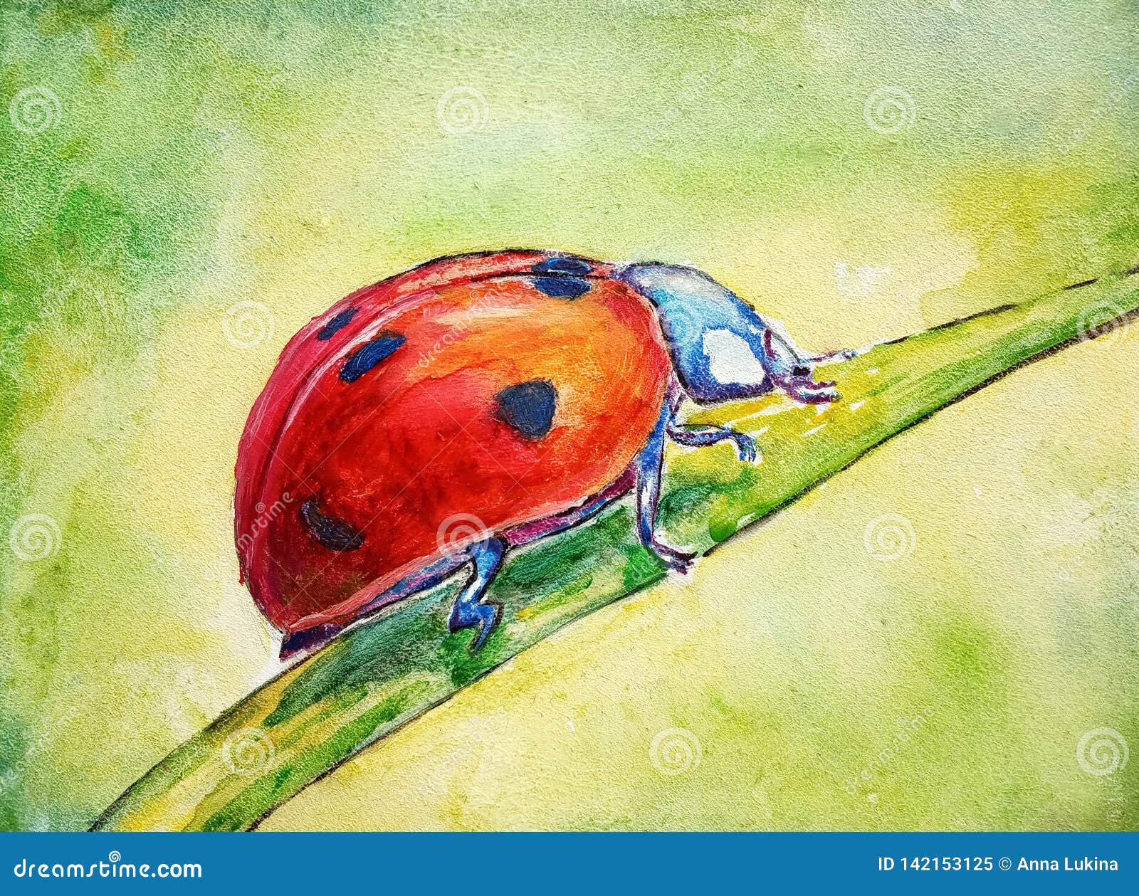 Ladybug Red on a Single Leaf in a Watercolor Style, Textural Base with ...