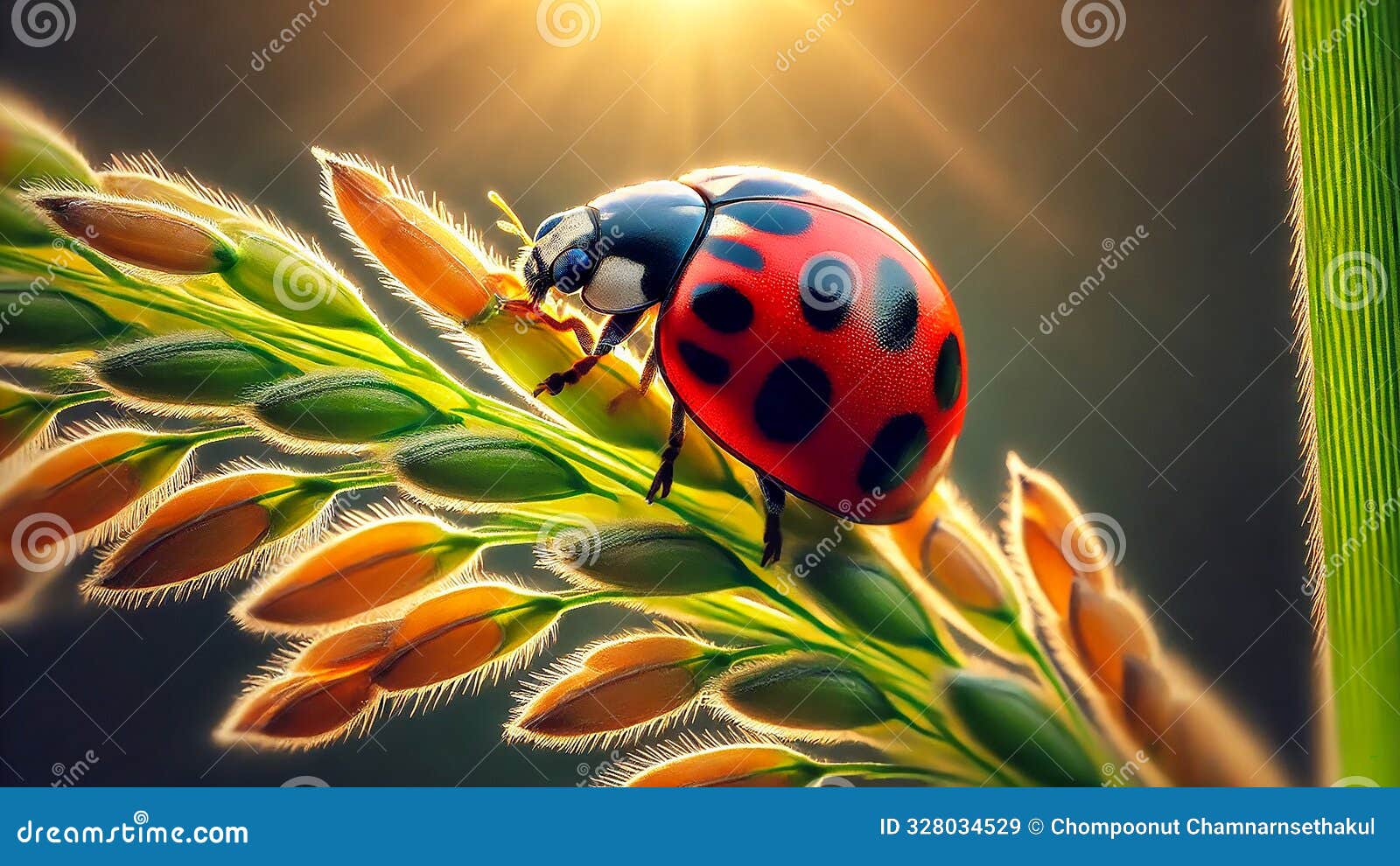 Ladybug on a Rice Plant, Focusing on the Intricate Stock Illustration ...