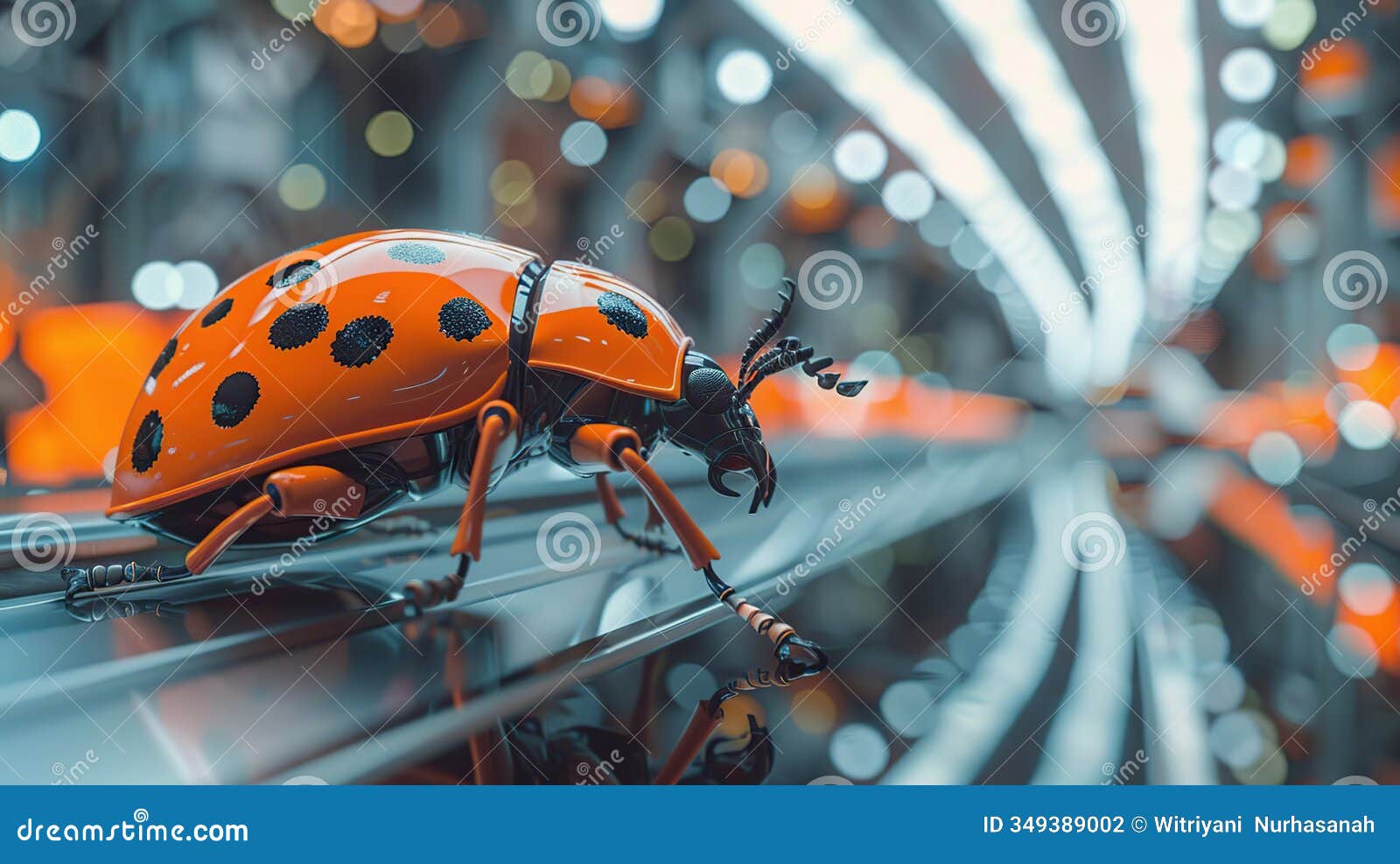 A Ladybug Robot Walks on a Futuristic Escalator in a City Environment ...
