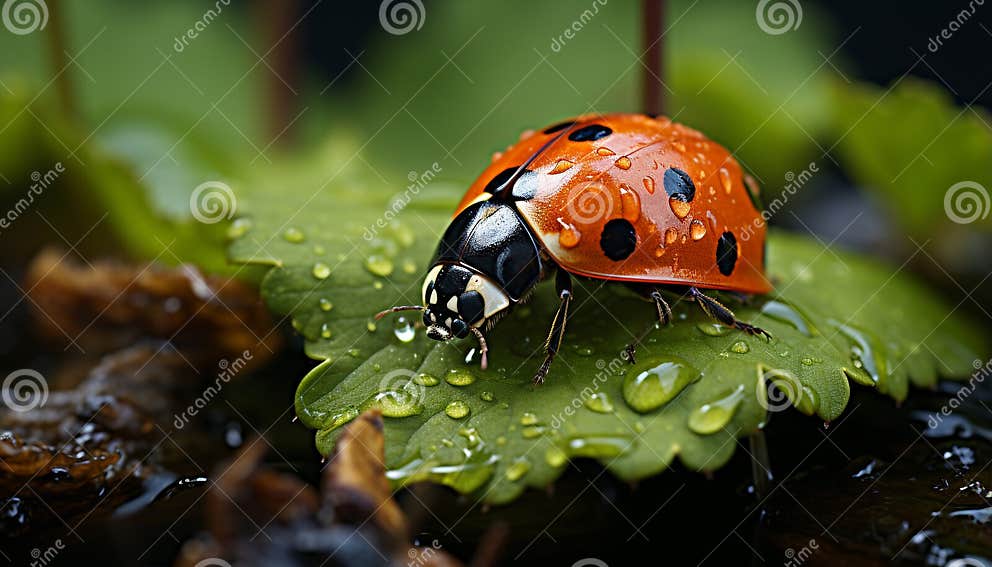 A Ladybug Sits on a Wet Leaf, Surrounded by Green Generated by AI Stock ...