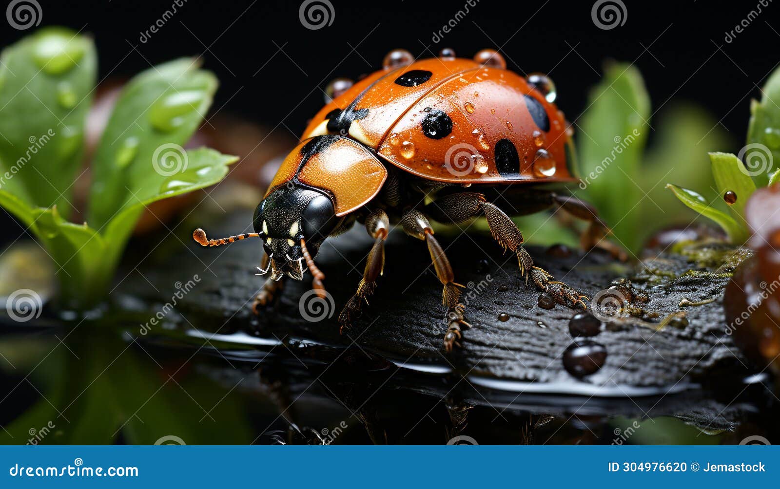 Ladybug Sitting on Wet Leaf in the Forest Generated by AI Stock Photo ...