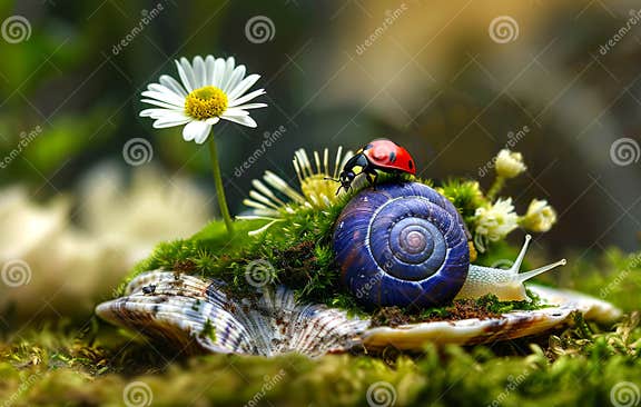 Ladybug and Snail on Shell in the Grass Stock Image - Image of beauty ...