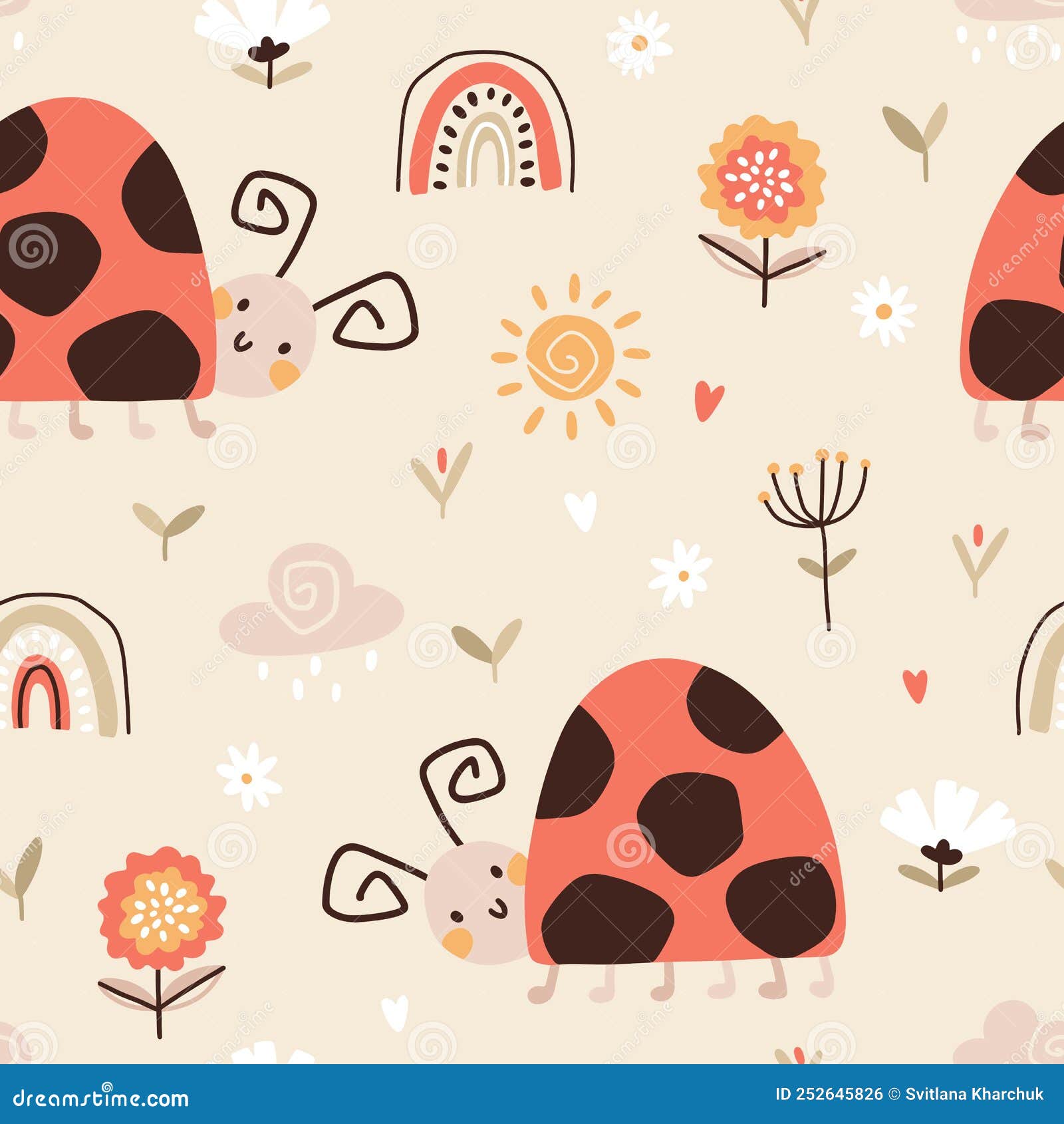 Ladybug Vector Seamless Pattern with Rainbow. Trendy Summer Childish ...