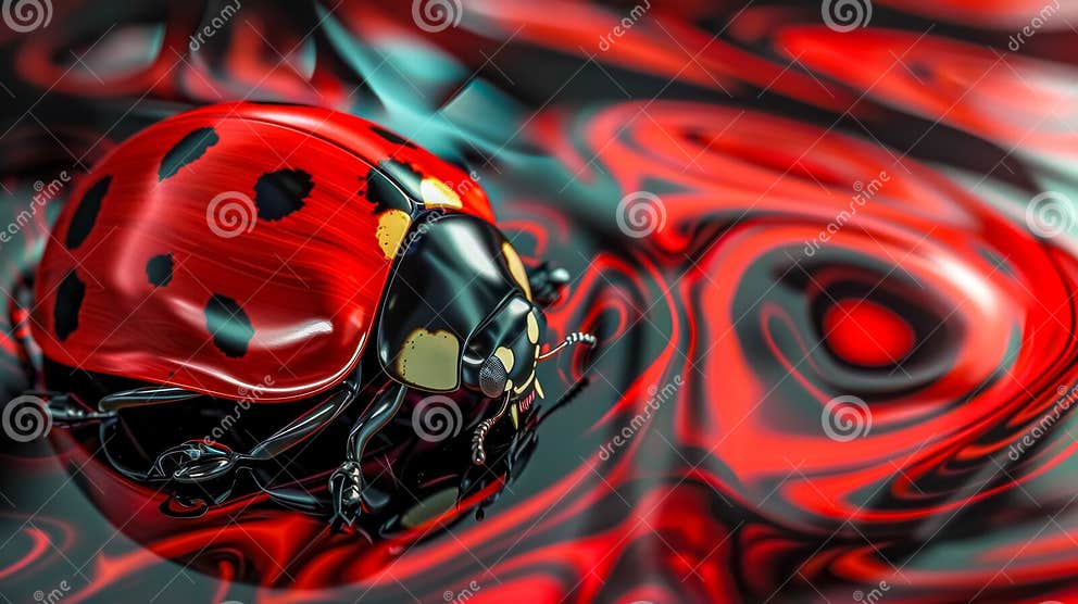 Ladybug Walking on Abstract Red and Black Liquid Surface Stock Image ...