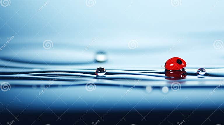 A Ladybug on a Water Surface with Drops, AI Stock Illustration ...