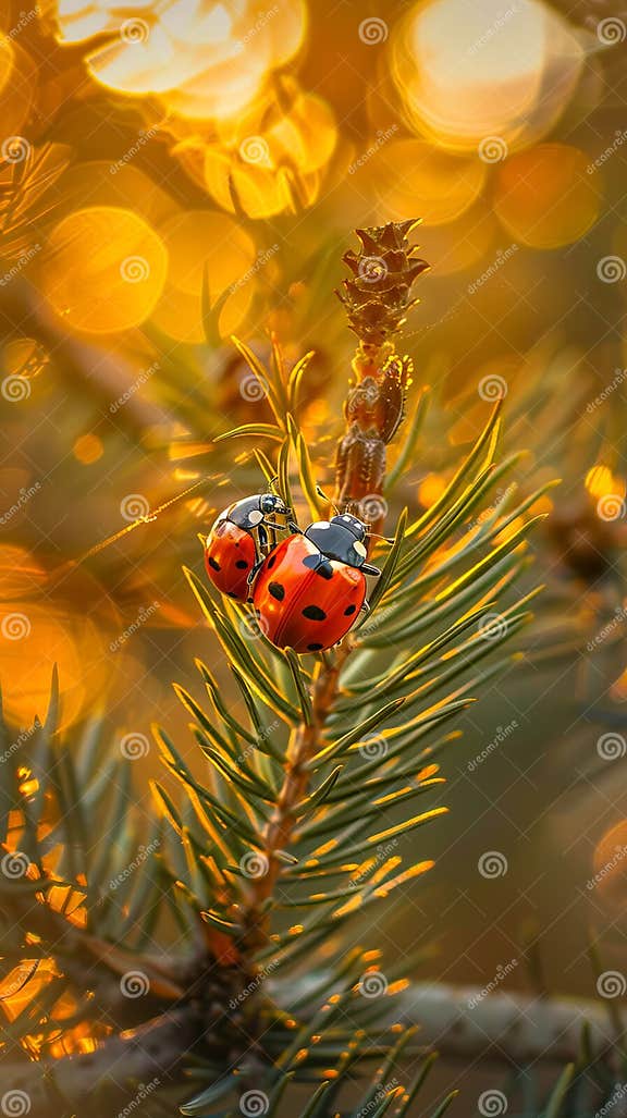 Ladybugs on a Pine Tree Branch Stock Image - Image of invertebrate ...