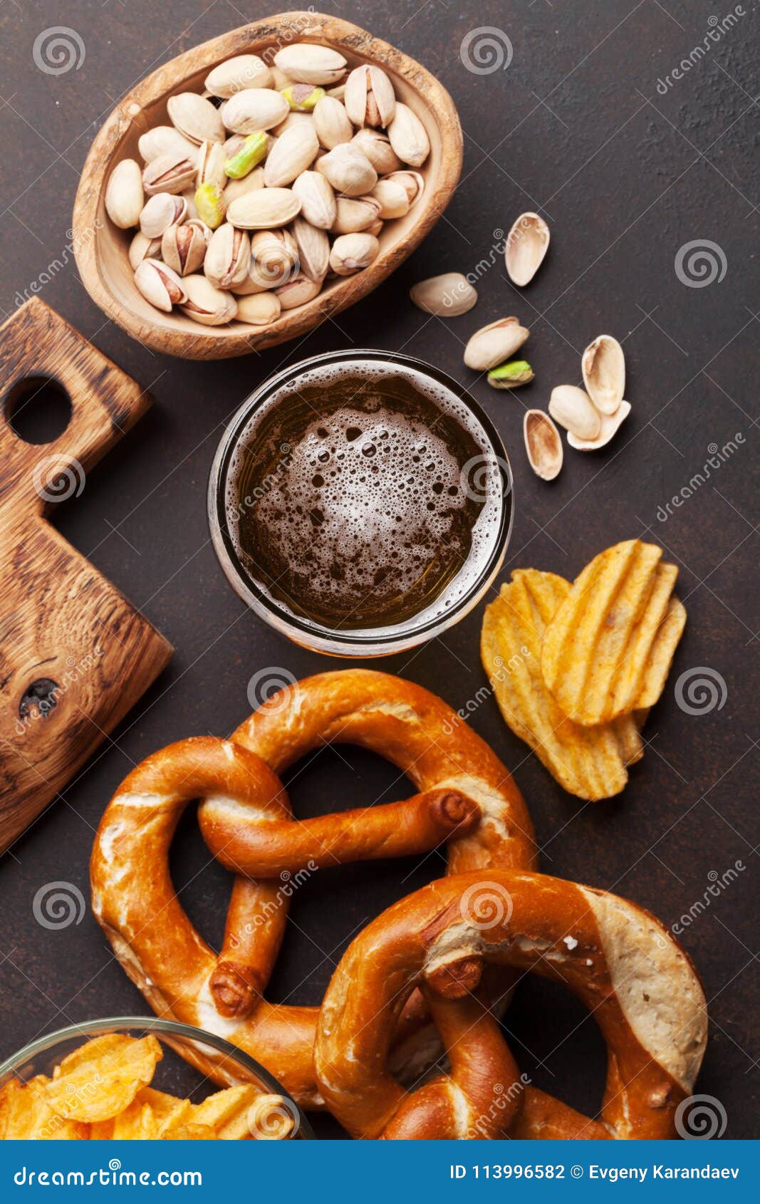 Lager beer and snacks stock photo. Image of beer, food - 113996582