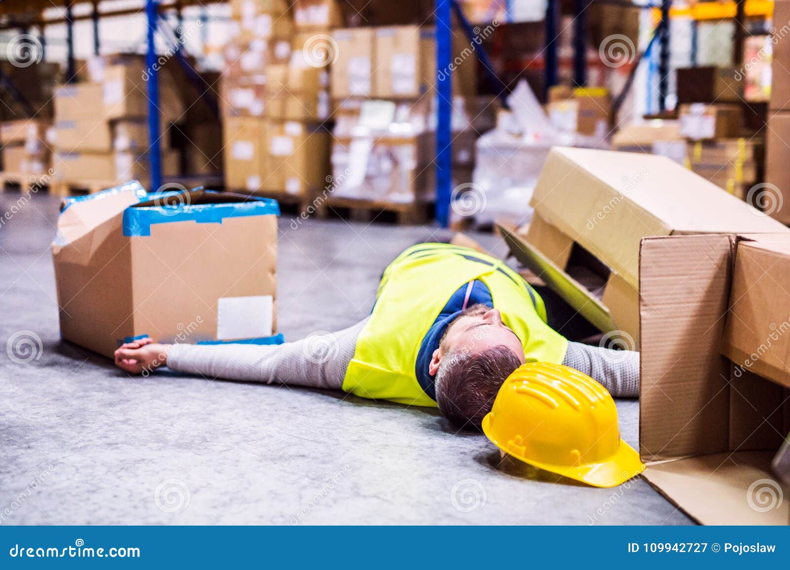 Lagern Sie Arbeitskraft Nach Einem Unfall in Einem Lager Ein Stockbild ...