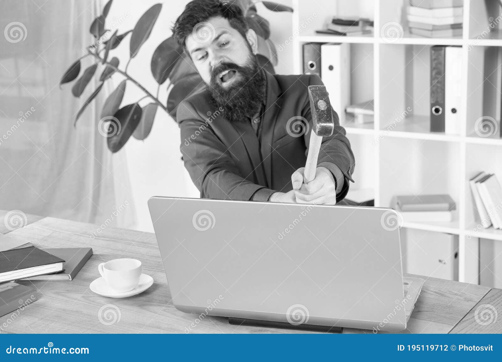 Lagging System. Hate Office Routine. Man Bearded Crush Computer ...