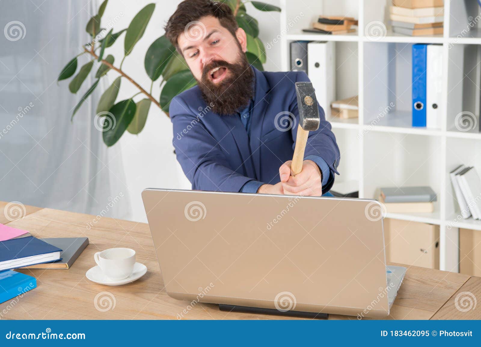 Lagging System. Hate Office Routine. Man Bearded Crush Computer ...