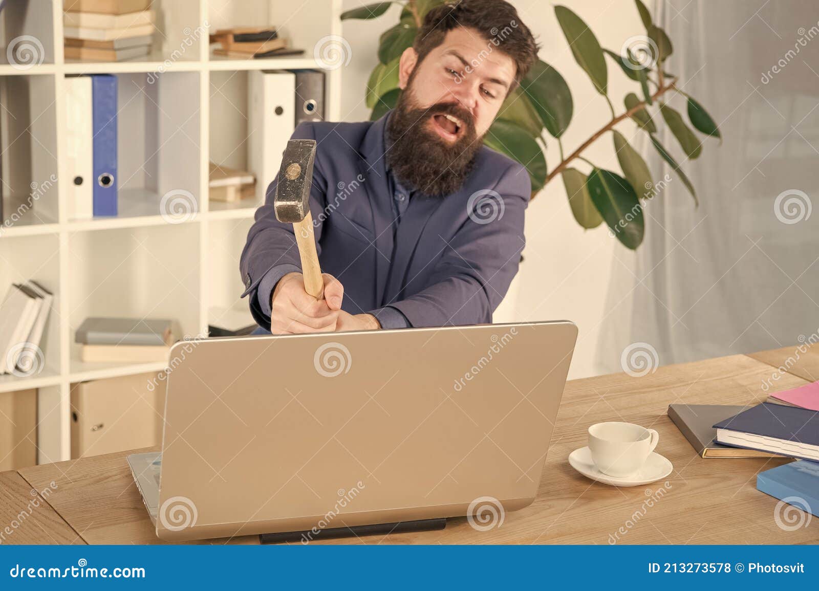 Lagging System. Hate Office Routine. Man Bearded Crush Computer ...