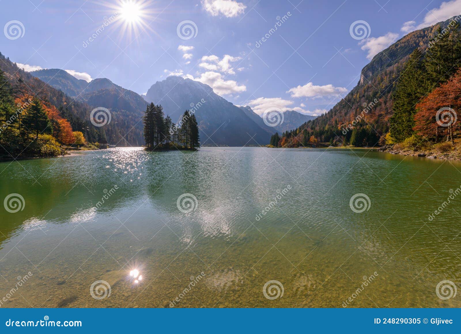 Lago Di Predil in Autumn Sun Stock Image - Image of predil, beautiful ...