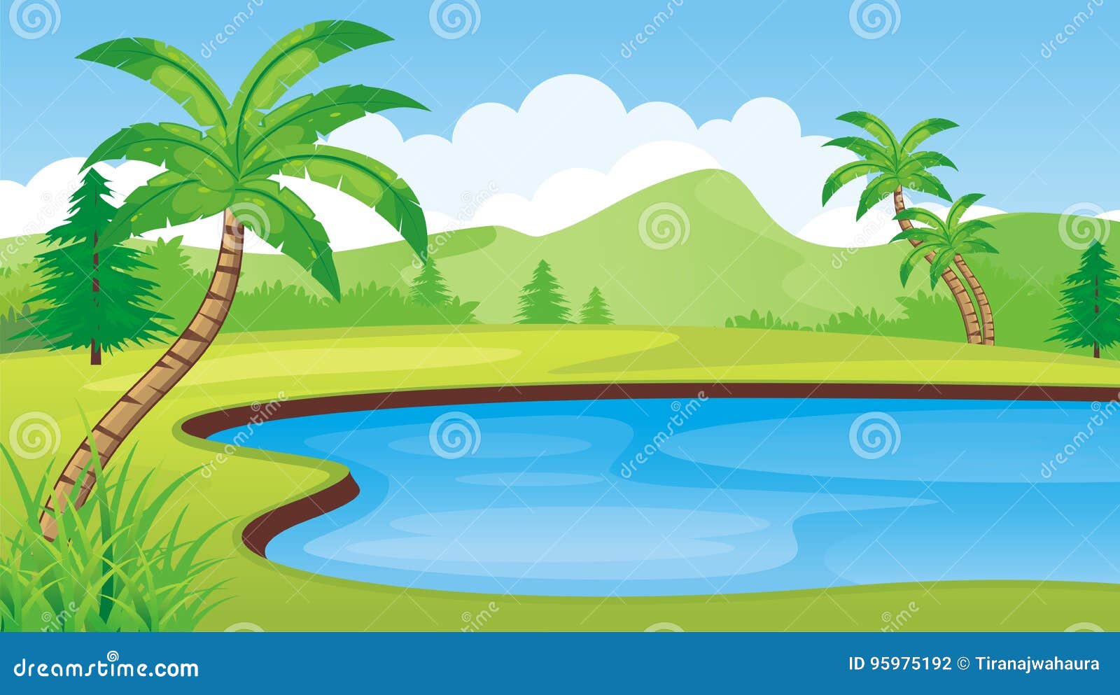 Lago en la colina ilustración del vector. Ilustración de flora - 95975192