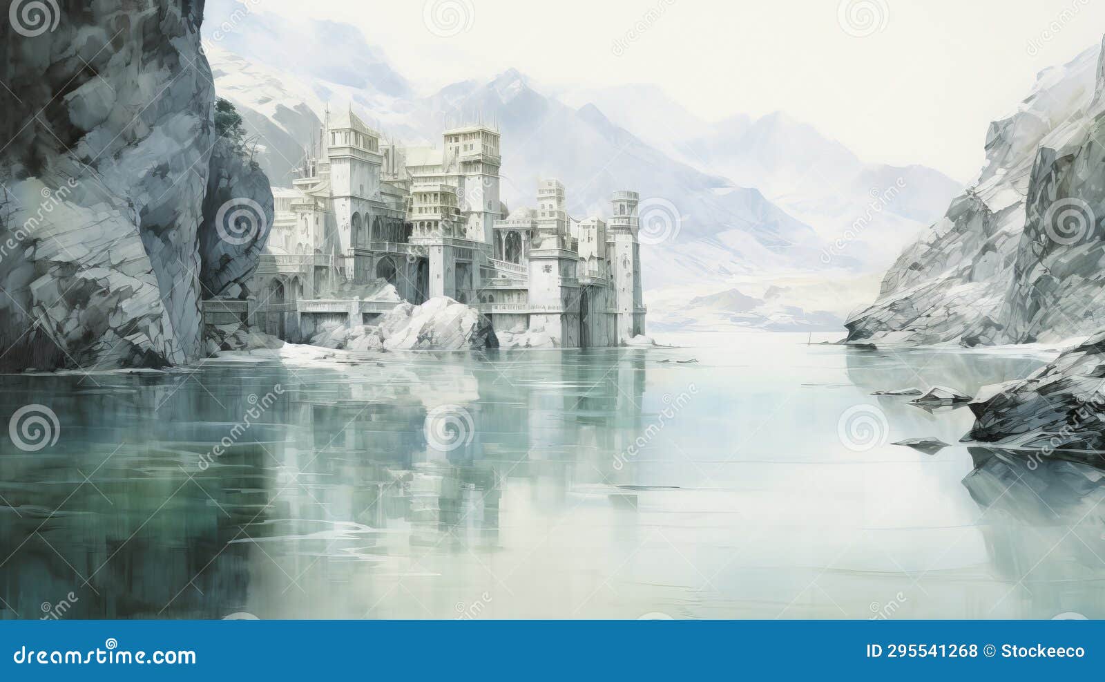 Lagoon Castle: a Serene Painting of a Castle on Water Stock ...
