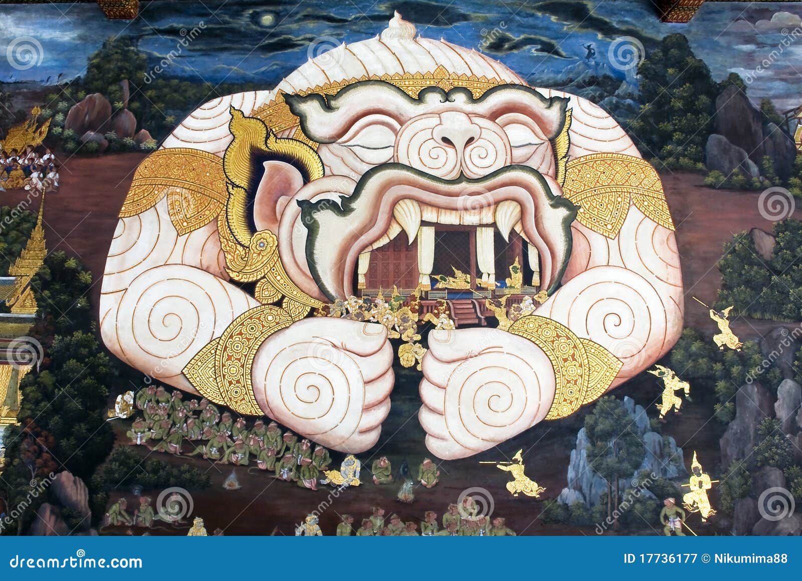 Lai Thai Art Painting on Wall in Temple Stock Image - Image of calm ...