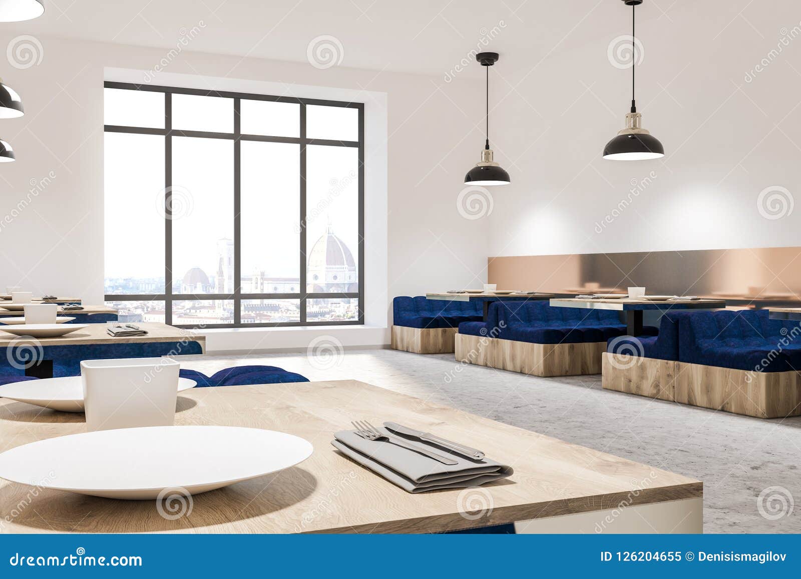 Laid Table in Blue Sofa Cafe Interior Stock Illustration - Illustration ...