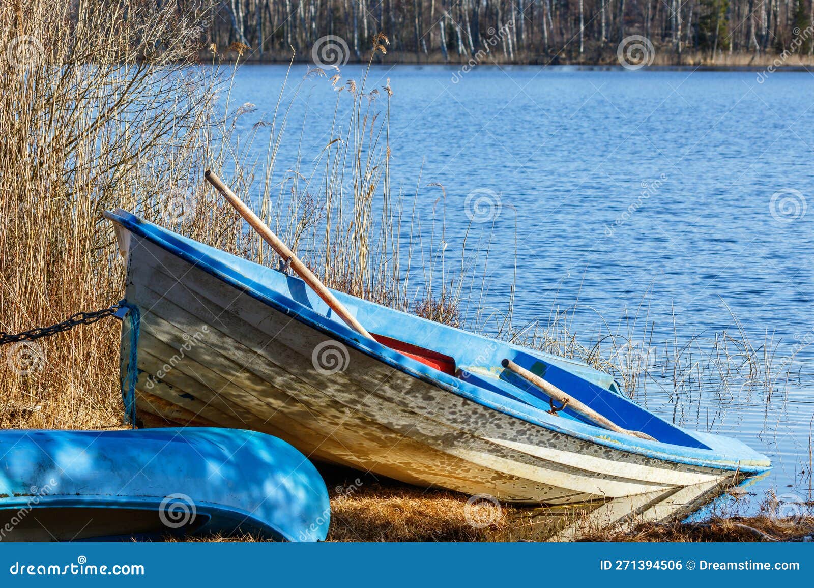 Lake beach with a row boat stock photo. Image of white - 271394506
