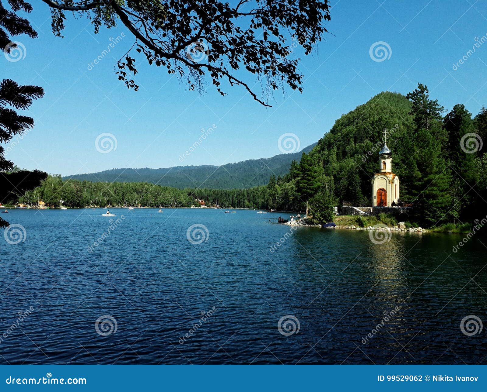 Lake stock photo. Image of church, green, siberia, lake - 99529062