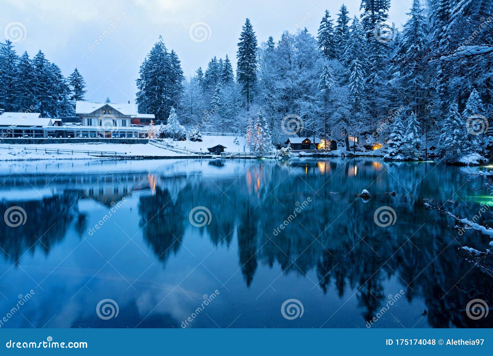 Lake Blausee at Winter, Switzerland Stock Photo - Image of cold, cabine ...