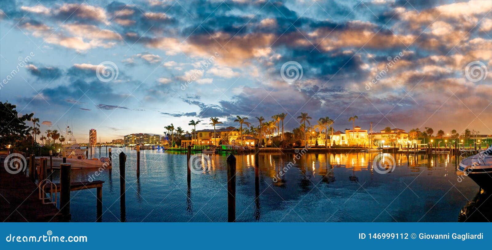 Lake Boca Raton and City Skyline with Reflections at Sunset, Panoramic ...