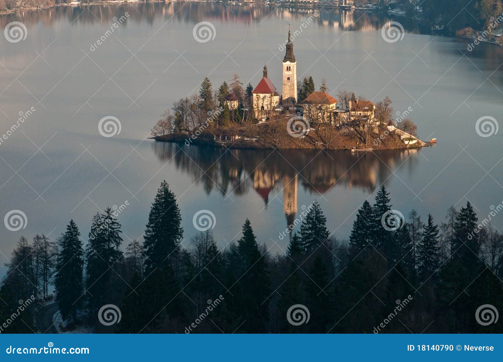 Lake with church on island stock photo. Image of winter - 18140790