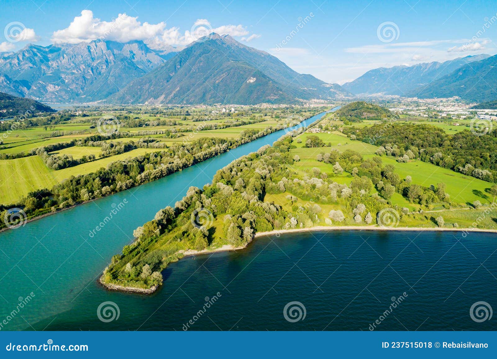 Lake Como it, Mouth of the River Adda in the Lake, Aerial Stock Photo ...