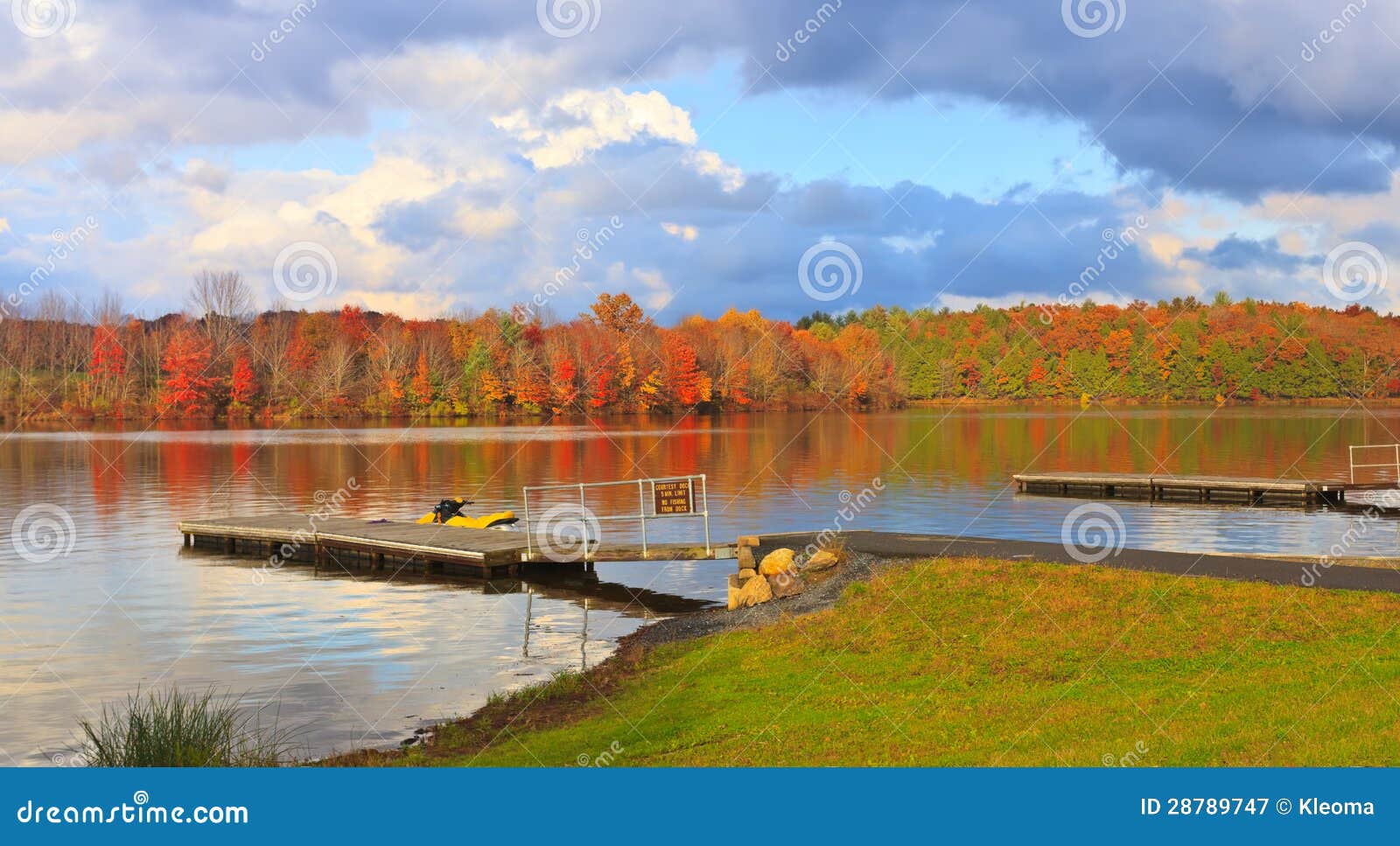 Lake with a Dock and Autumn Forest. Stock Image - Image of reflection ...